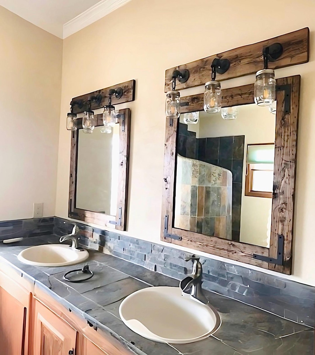 Rustic Bathroom Mirror With Mason Jar Light Fixture: Handmade Country ...