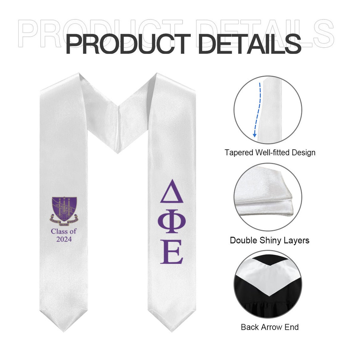 Delta Phi Epsilon Crest Class of 2024 Graduation Stole White & Purple ...