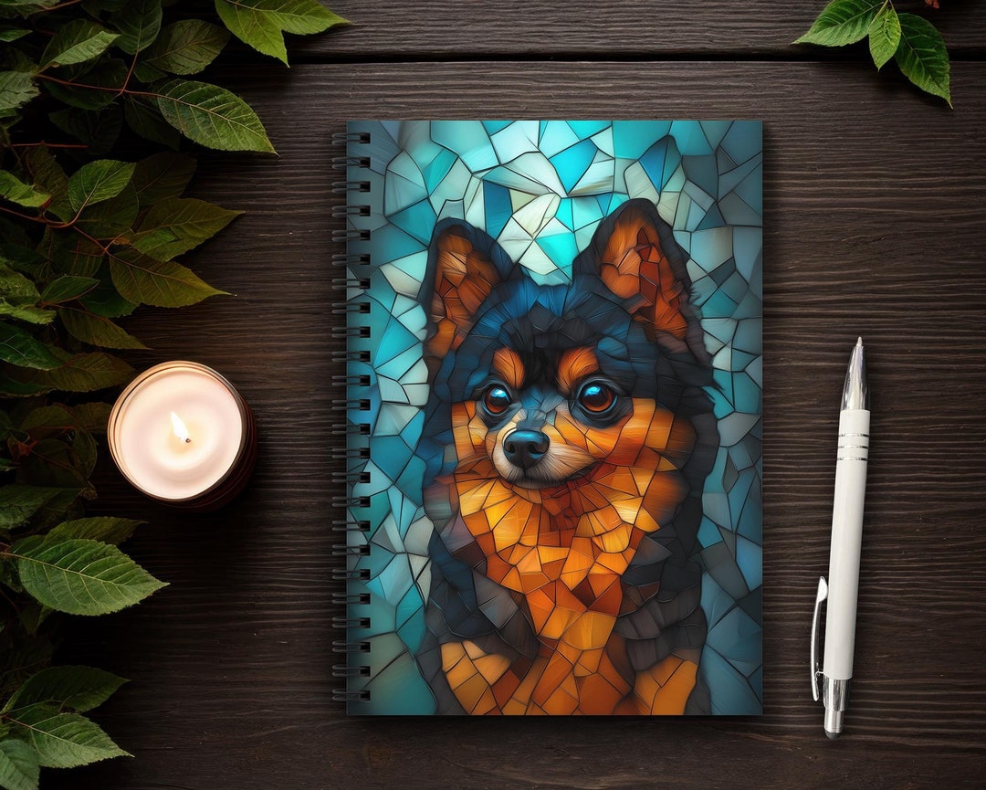 Pomeranian Spiral Notebook, Stained Glass Art Style, Black and Tan ...