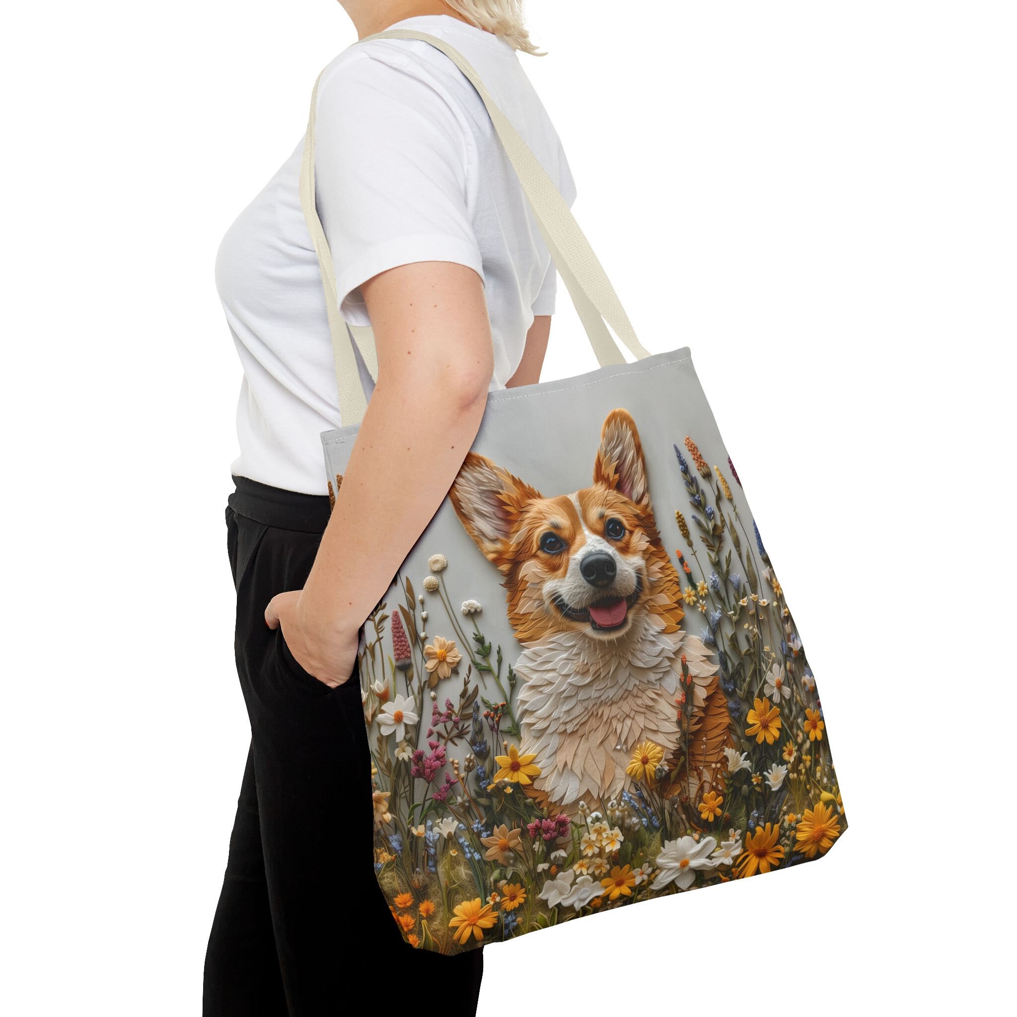 Corgi Tote Bag, Flower Art Dog Tote, Dog Lovers Travel Bag, Nature ...