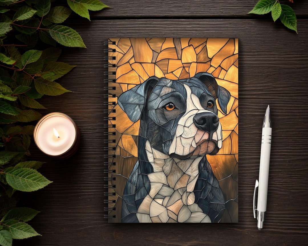Blue Pitbull Spiral Notebook, Stained Glass Art Dog Lover Journal ...