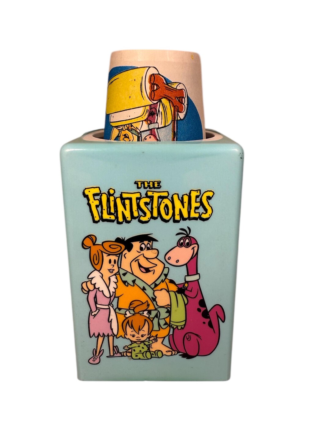 Vintage 1990 JETSONS/FLINTSTONES Plastic Cup Dispenser + 6 Paper Cups ...