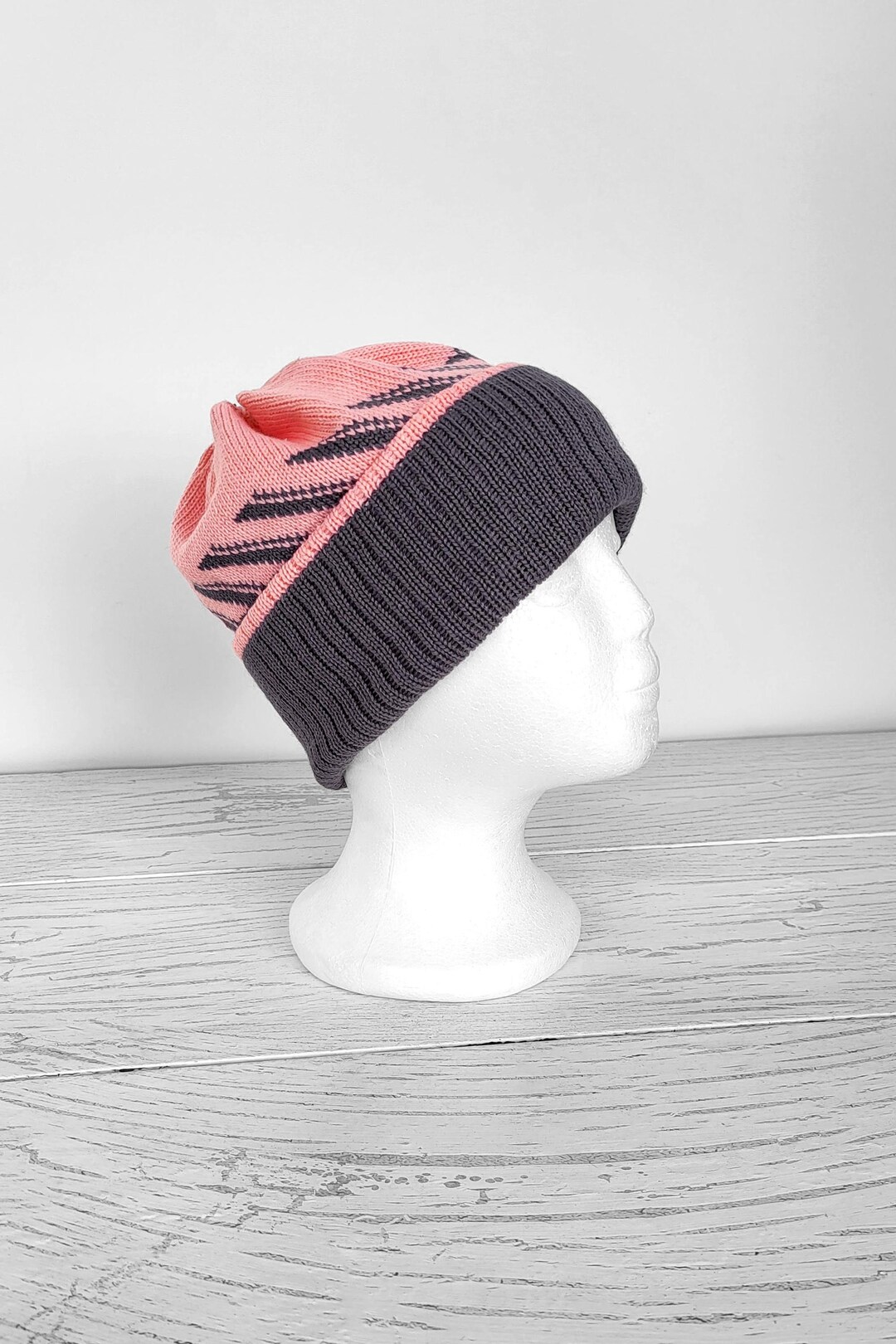 80s Soviet Vintage Knit Wool Skullcap Retro Unisex Pink and Gray Beanie ...