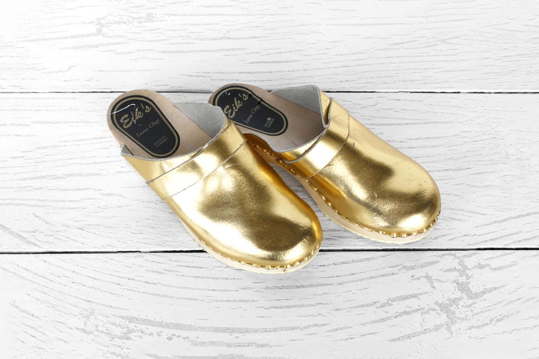 Vintage Gold Leather Norwegian Clogs Traditional Scandinavian Wooden ...