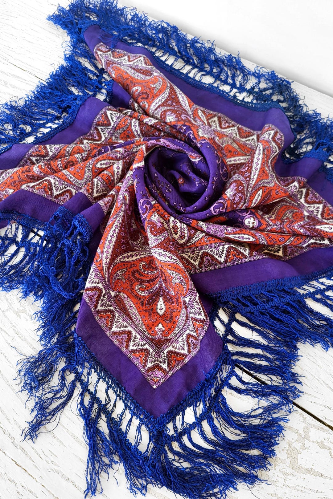 Vintage Purple Cashmere Wool Scarf Ethnic Square Kerchief With Fringes ...