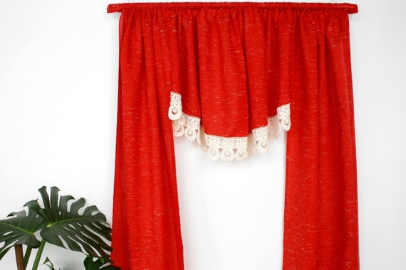 Bright Red Window Scarf Valance Vintage Speckled Wool Polyester Decorative Curtain With Ornate Lace Etsy UK
