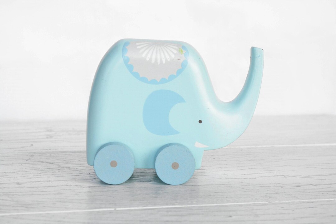 Baby Kids Toy Wooden Elephant Wheels Animal Toy Vintage Painted Wood ...