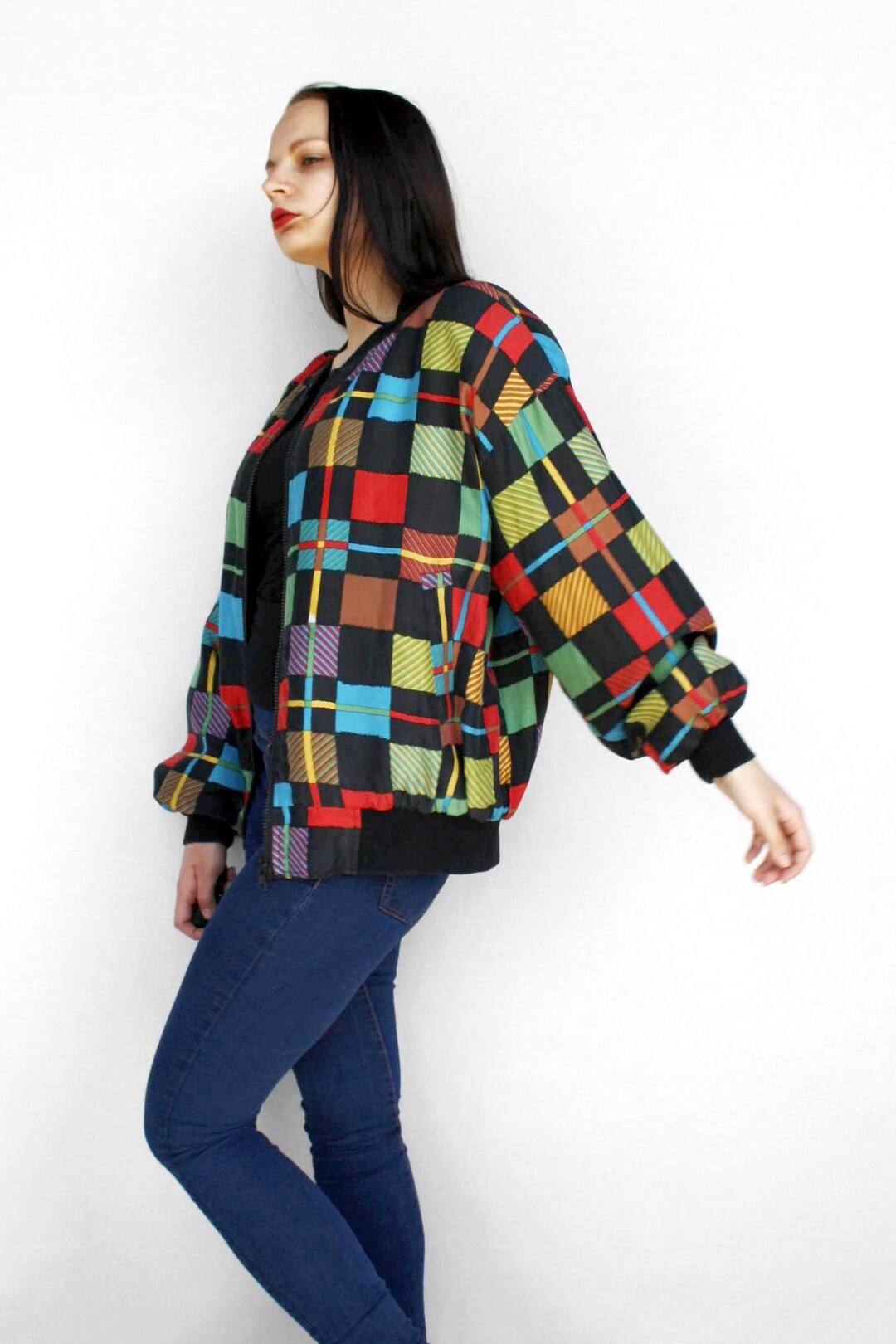 Vintage Silk Bomber Jacket Colorful Plaid Zip-up Windbreaker Quilted ...