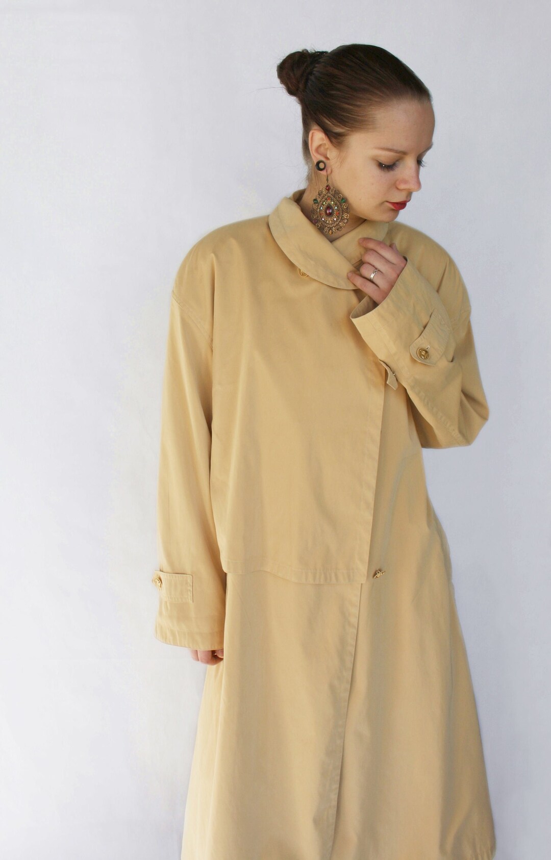 Yellow Mustard Long Trench Coat Vintage a Line Double Breasted Women's ...