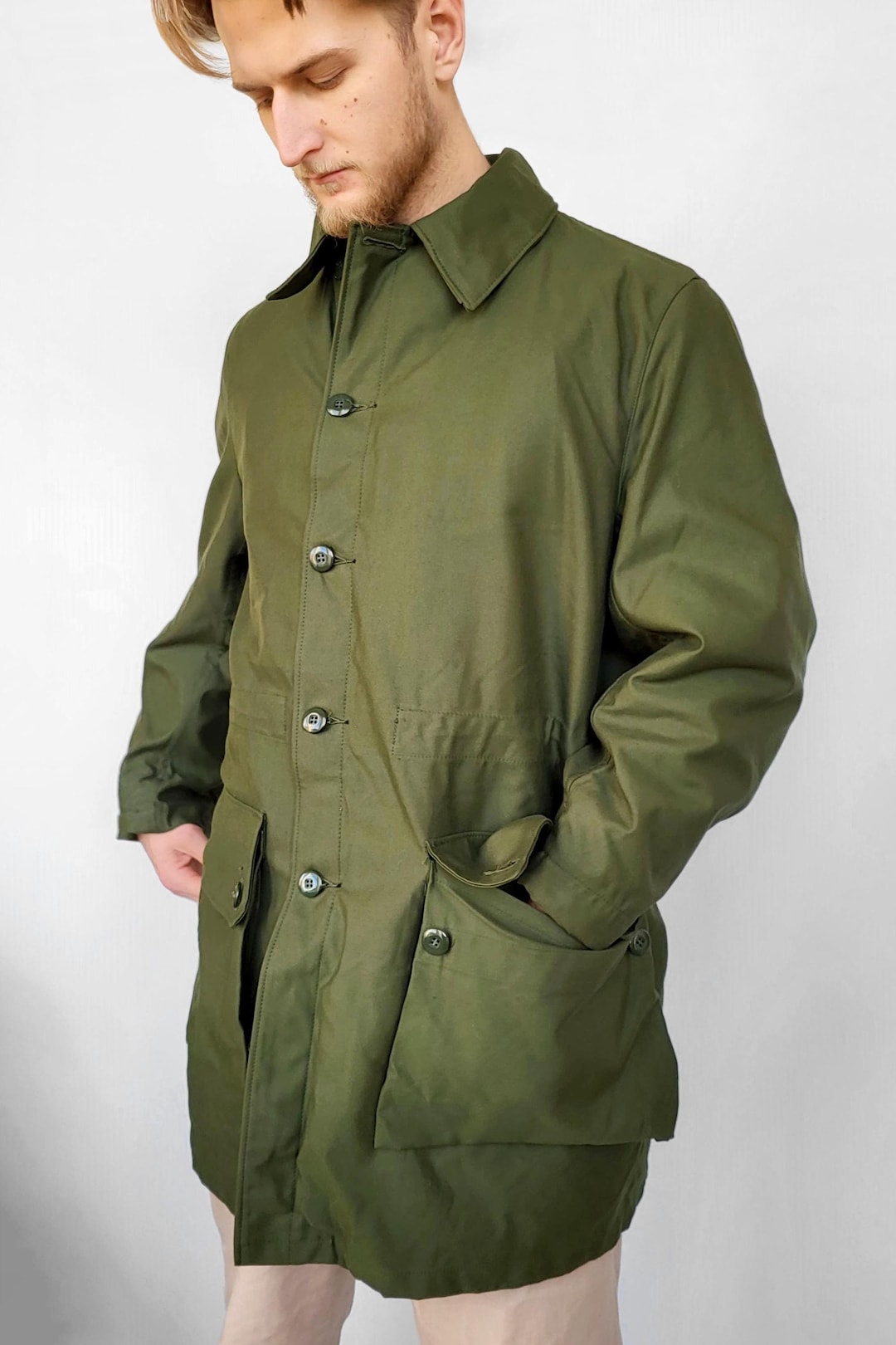 Vintage Swedish Military Coat Men's Olive Green Cotton Army Jacket With ...