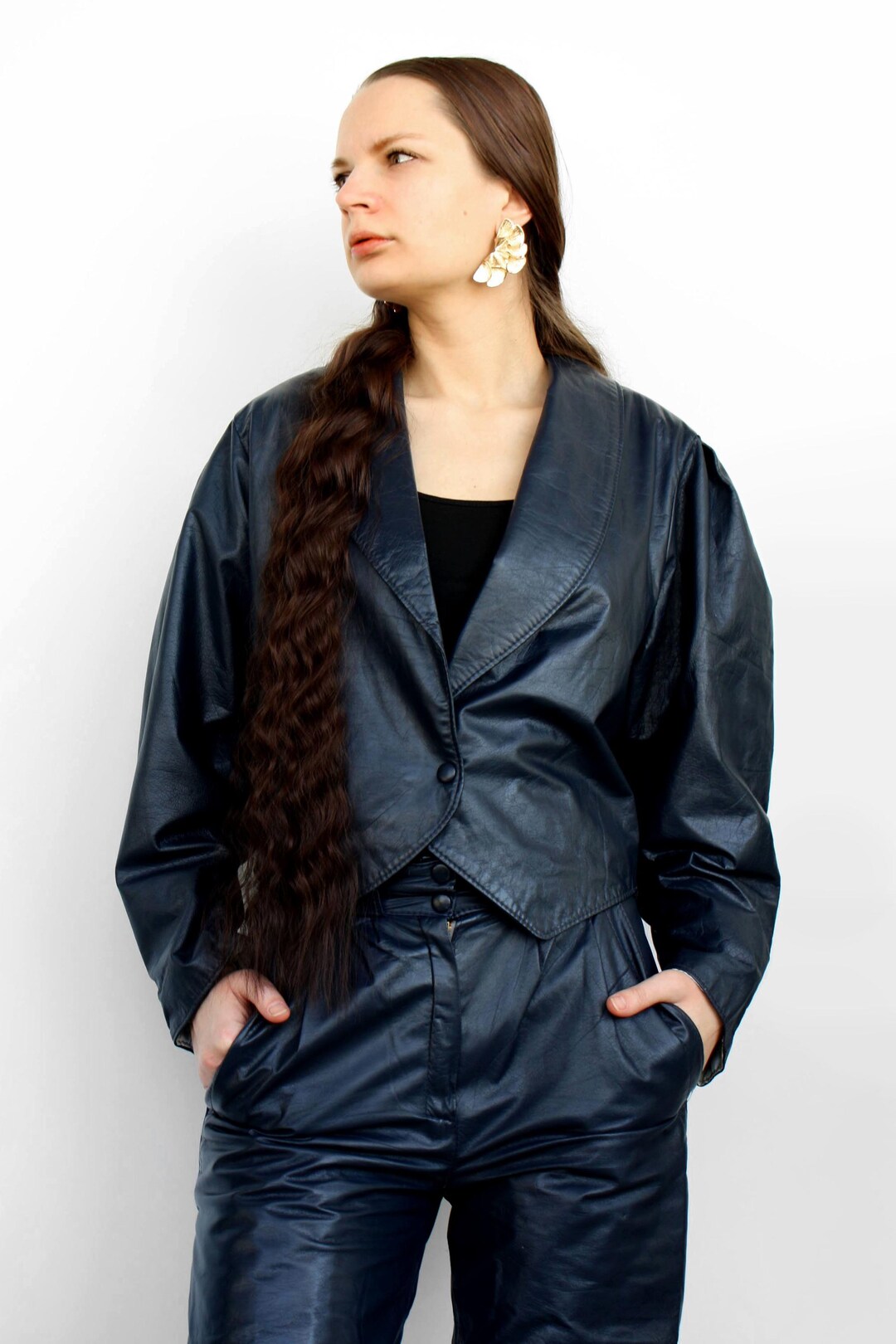 Vintage Navy Blue Leather Suit 90s Women's Cropped Jacket and Tapered ...