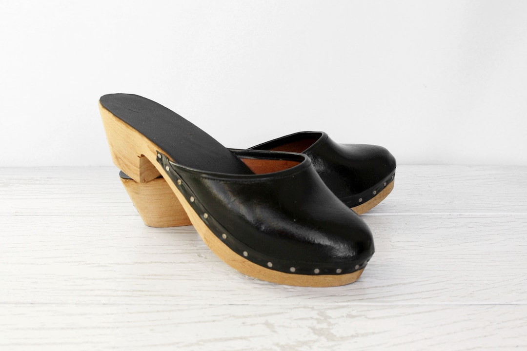 Black Leather Swedish Clogs Vintage Traditional Scandinavian Women's ...