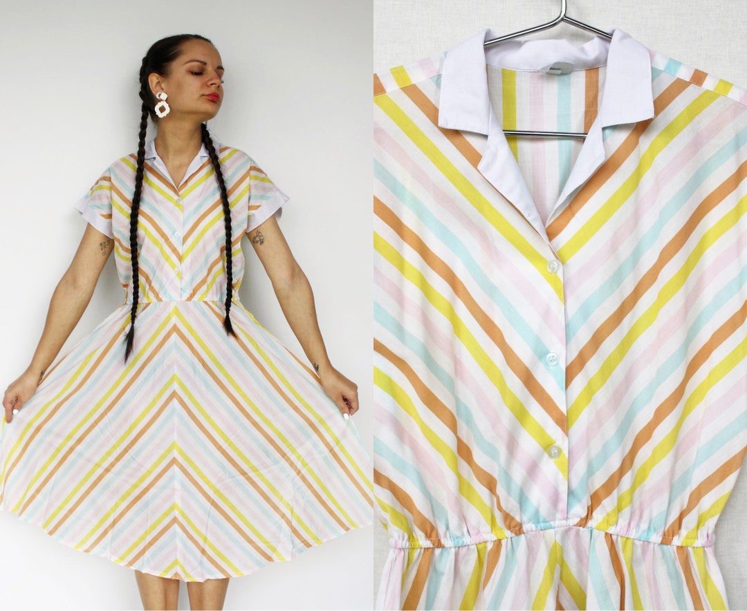 Colorful Pastel a Line Midi Dress Vintage Cotton Lightweight Striped ...
