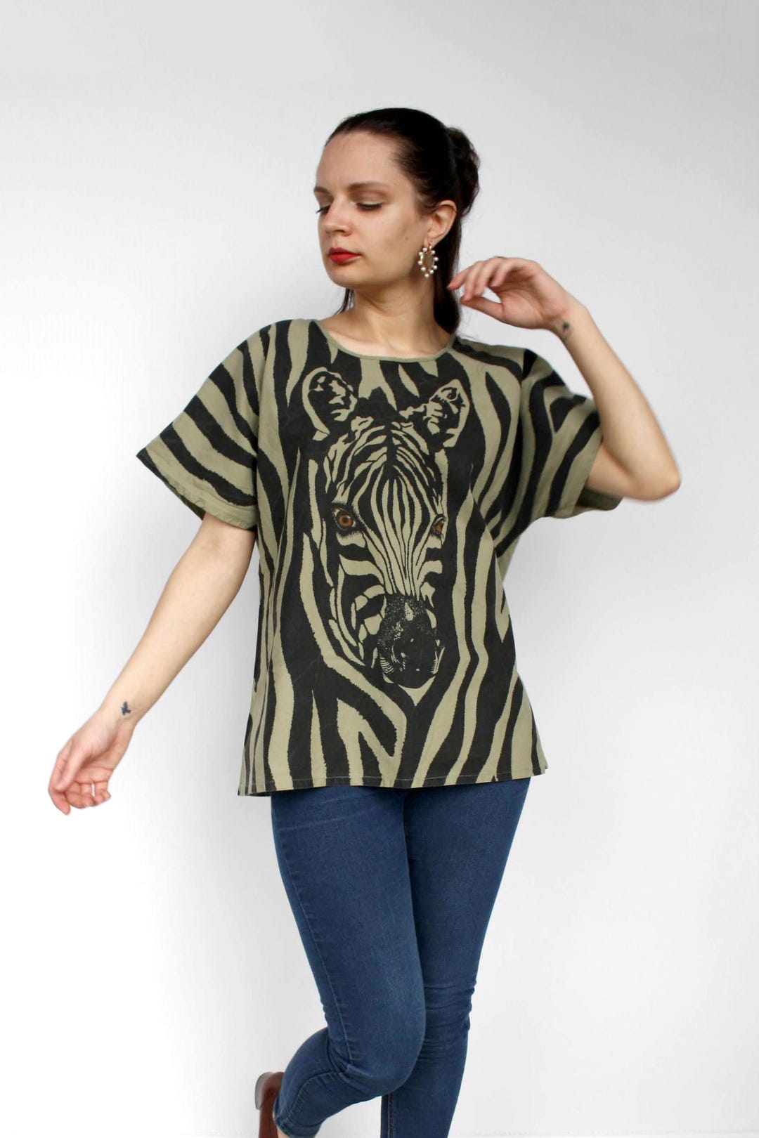 Zebra Print Women's Safari Shirt Vintage Moss Green Cotton Summer Top ...