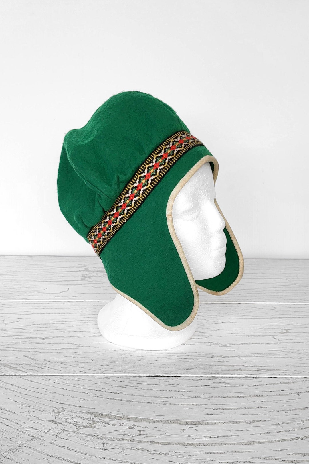 Traditional Wool Felt Bonnet Vintage Women's Green Folk Earflap Hood ...
