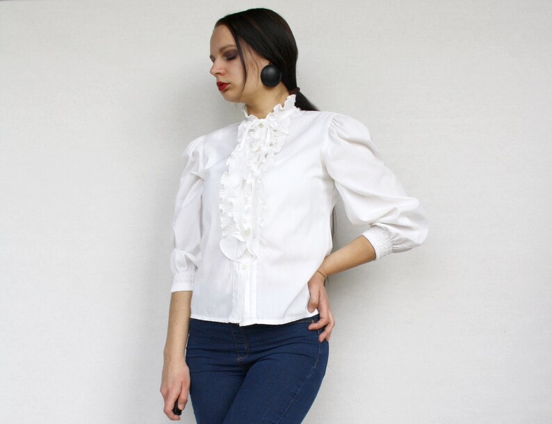 80s White Blouse School Uniform With Ruffle Jabot Vintage - Etsy