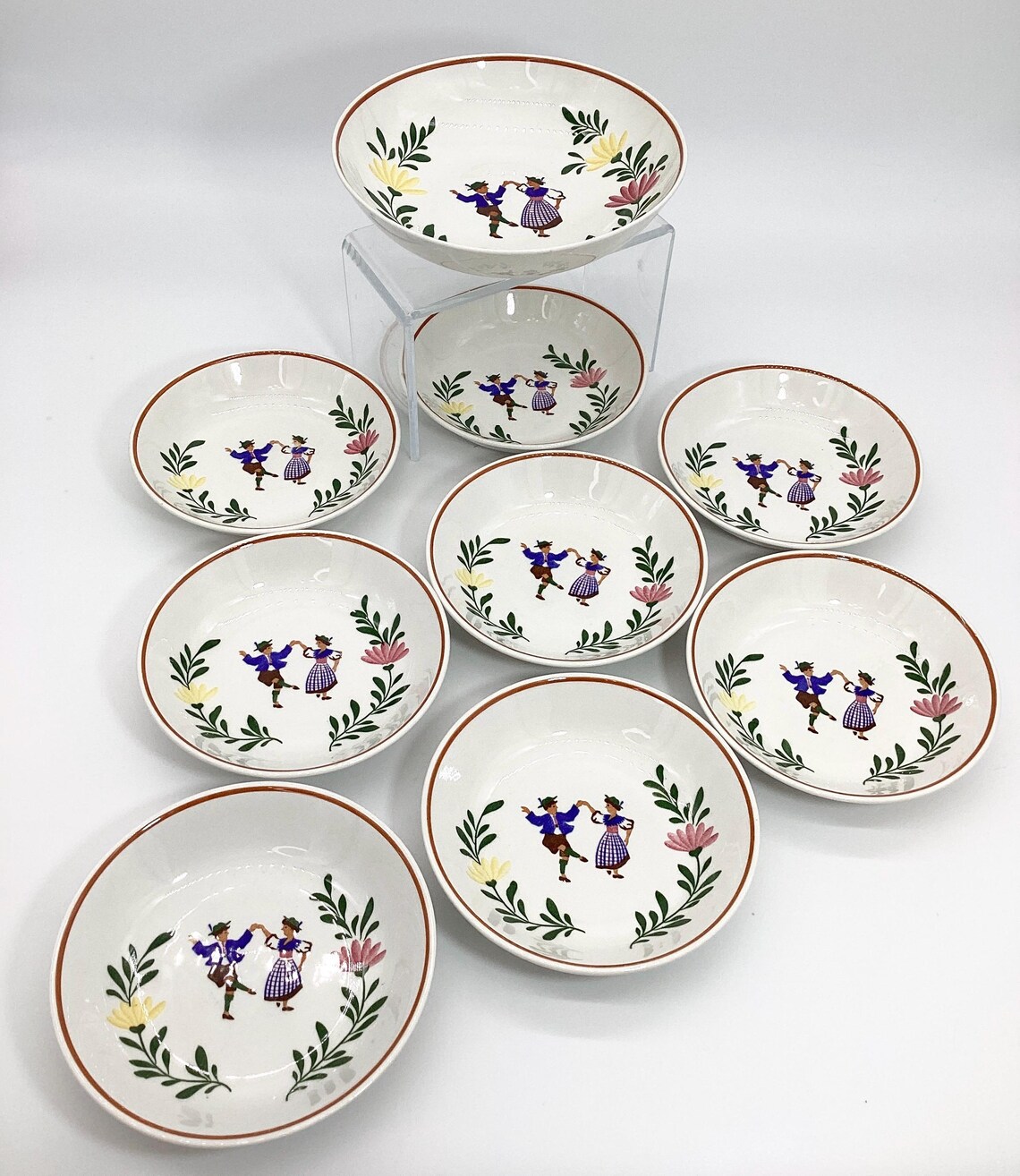 Vintage Ironstone Bowl Set: Irish Dancers, Floral Design (9-piece)(o ...