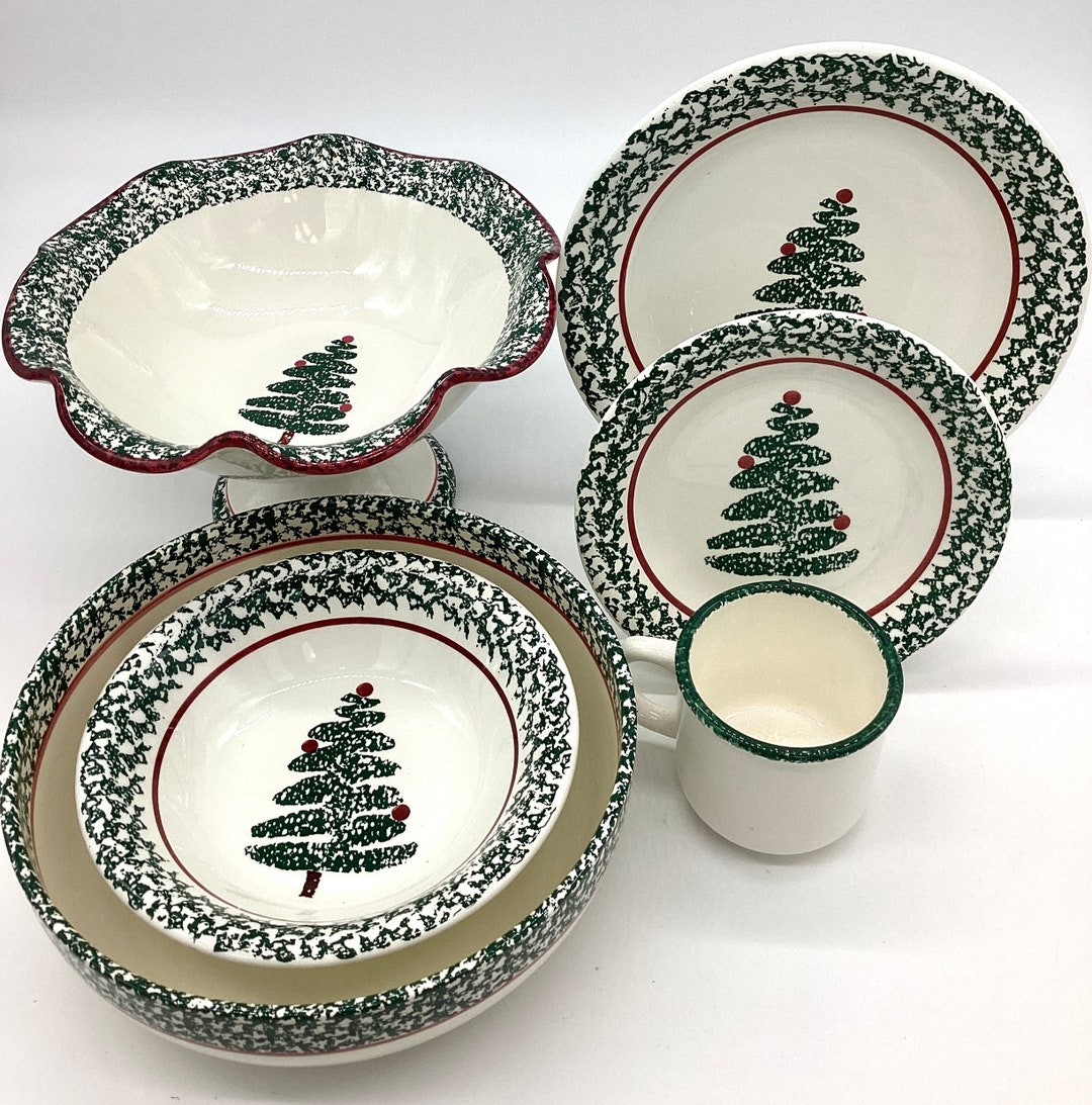 Discontinued Dinnerware Set by Furio Green Sponged Rim Red Band ...