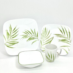 Corelle Bamboo Leaf Square White Dinner Plate Green Leaf Soup Bowl ...