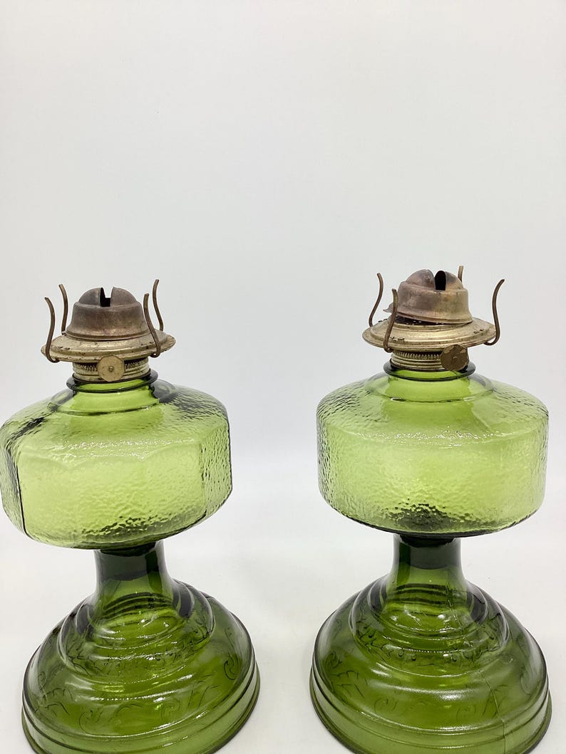 Pair 2 Emerald Green Oil Lamps ; Vintage Oil Lamps; Rare Green Kerosene ...