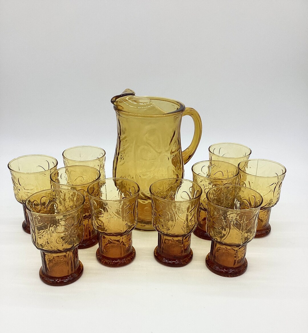 Vintage Amber Glass Pitcher With 10 Glasses Perfect Set for Fall Great ...