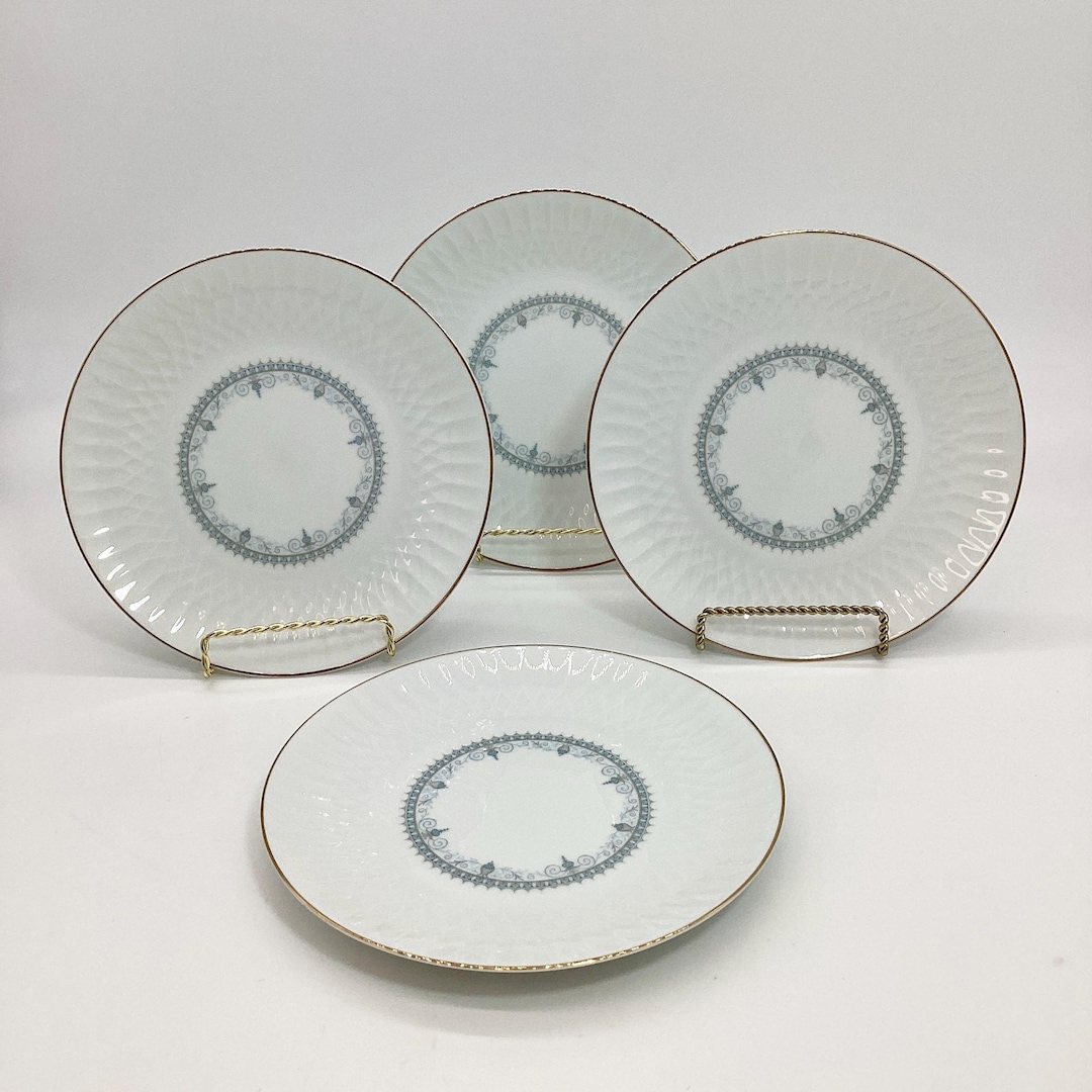 Set of 4 Noritake Lorenzo Dessert Plates, Blue & Gold Rim MCM Dishes (F ...
