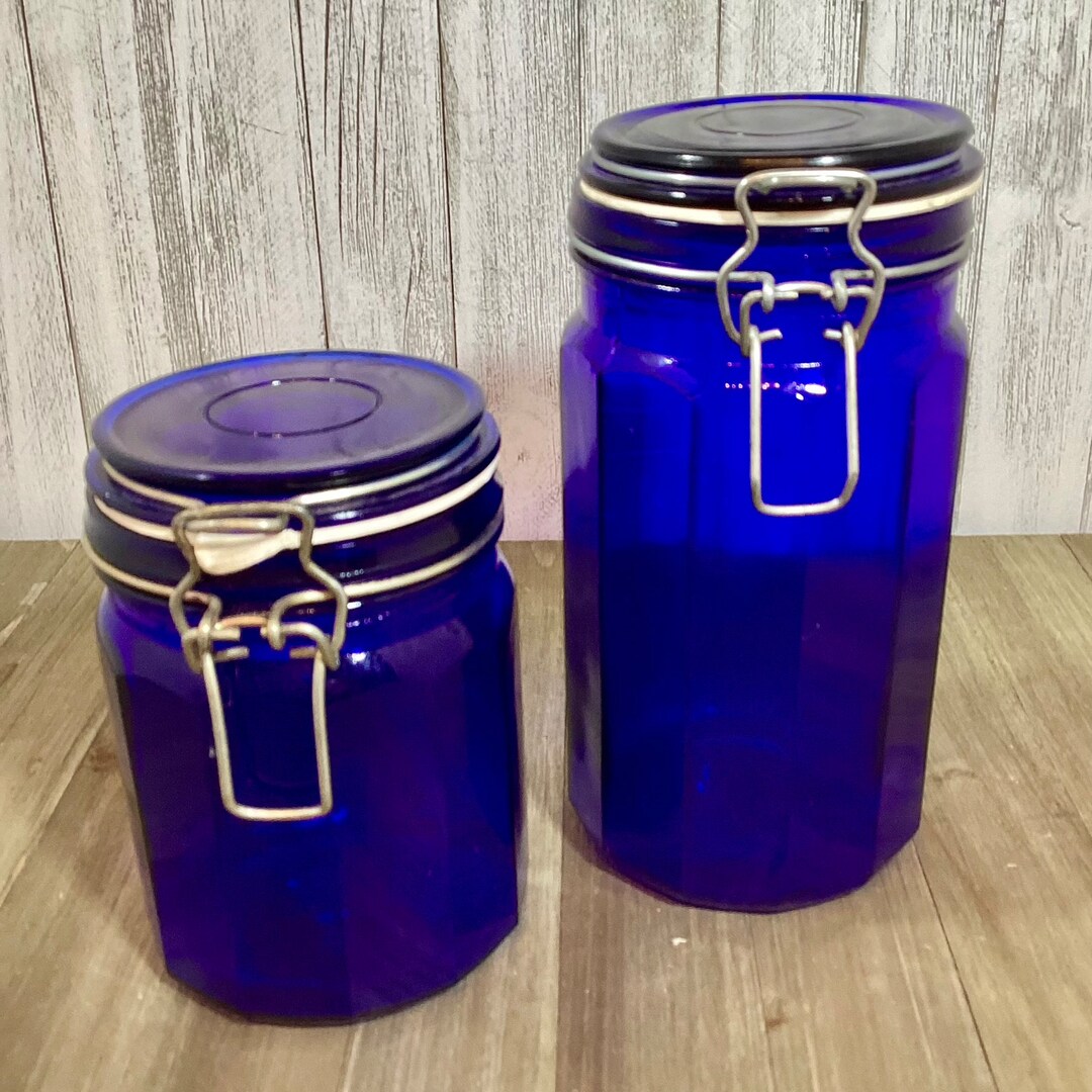 Cobalt Blue Canister Set Metal Clamp Jar Rubber Seal Lid Blue Kitchen ...