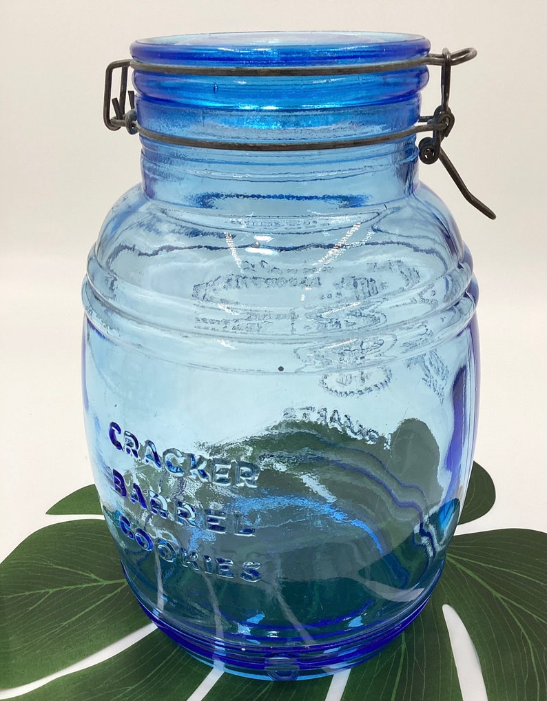 4qt Vintage Blue Glass Barrel With Attached Lid Metal Clamp Uncle Ezra ...