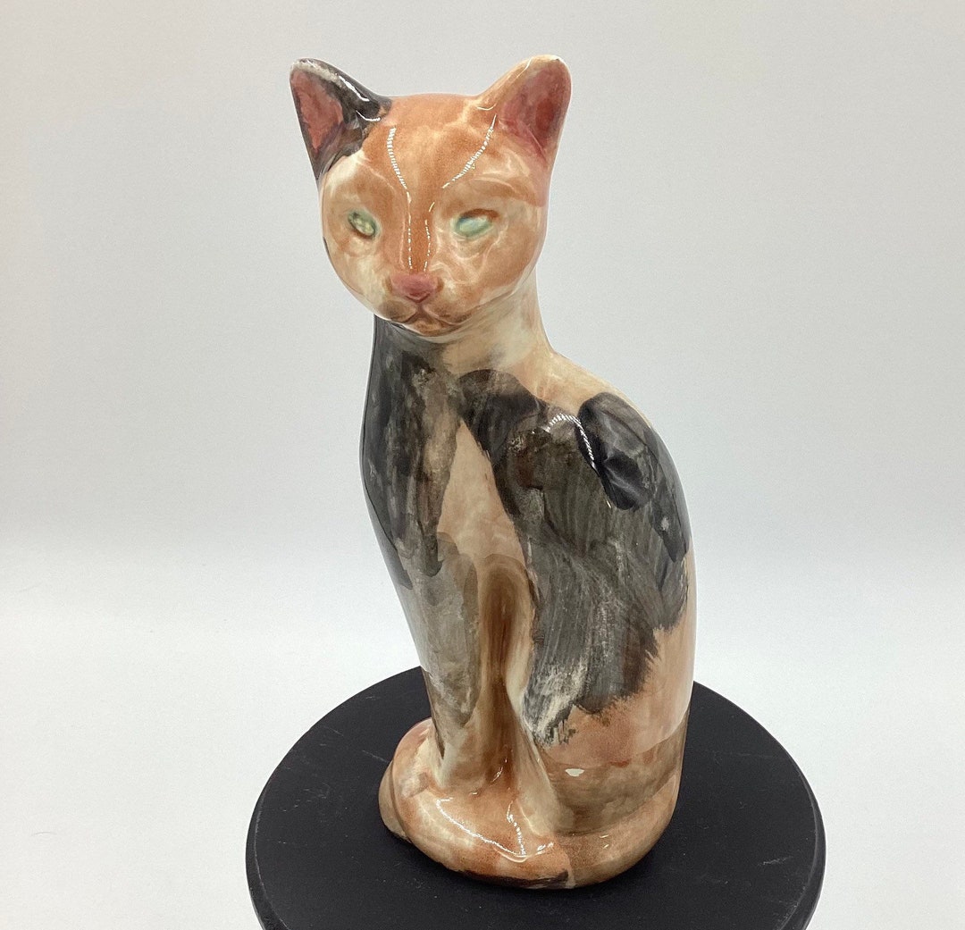 Glazed Ceramic Cat Figurine, Calico Kitty Statue (3x8