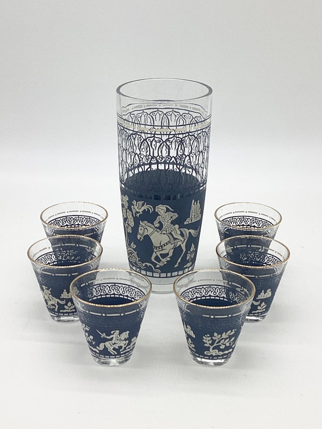 Jeanette Glassware Mid Century Modern Barware Blue Hellenic Grecian ...