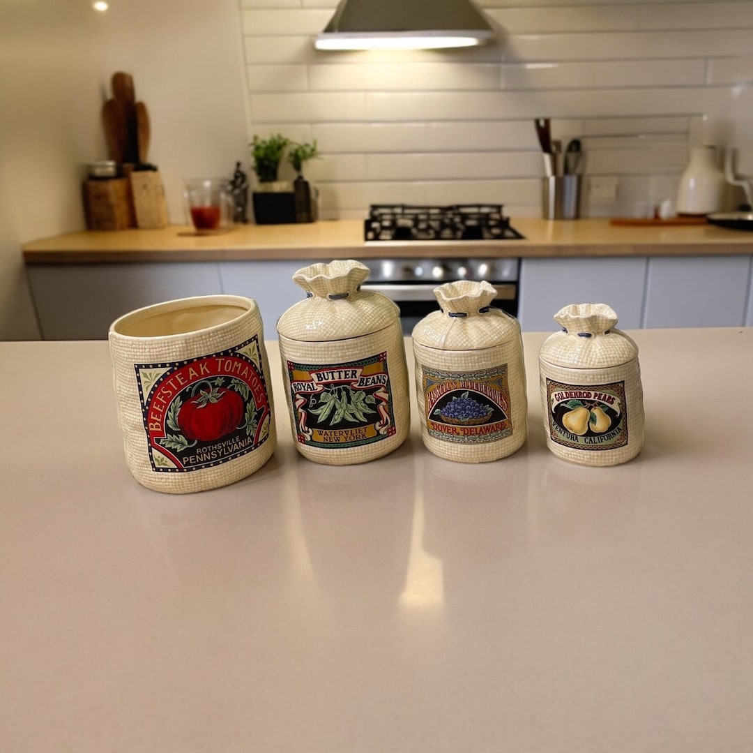 Vintage 1988 H&HD Ceramic Canisters, Set of 4, Country Feed Sack Design ...
