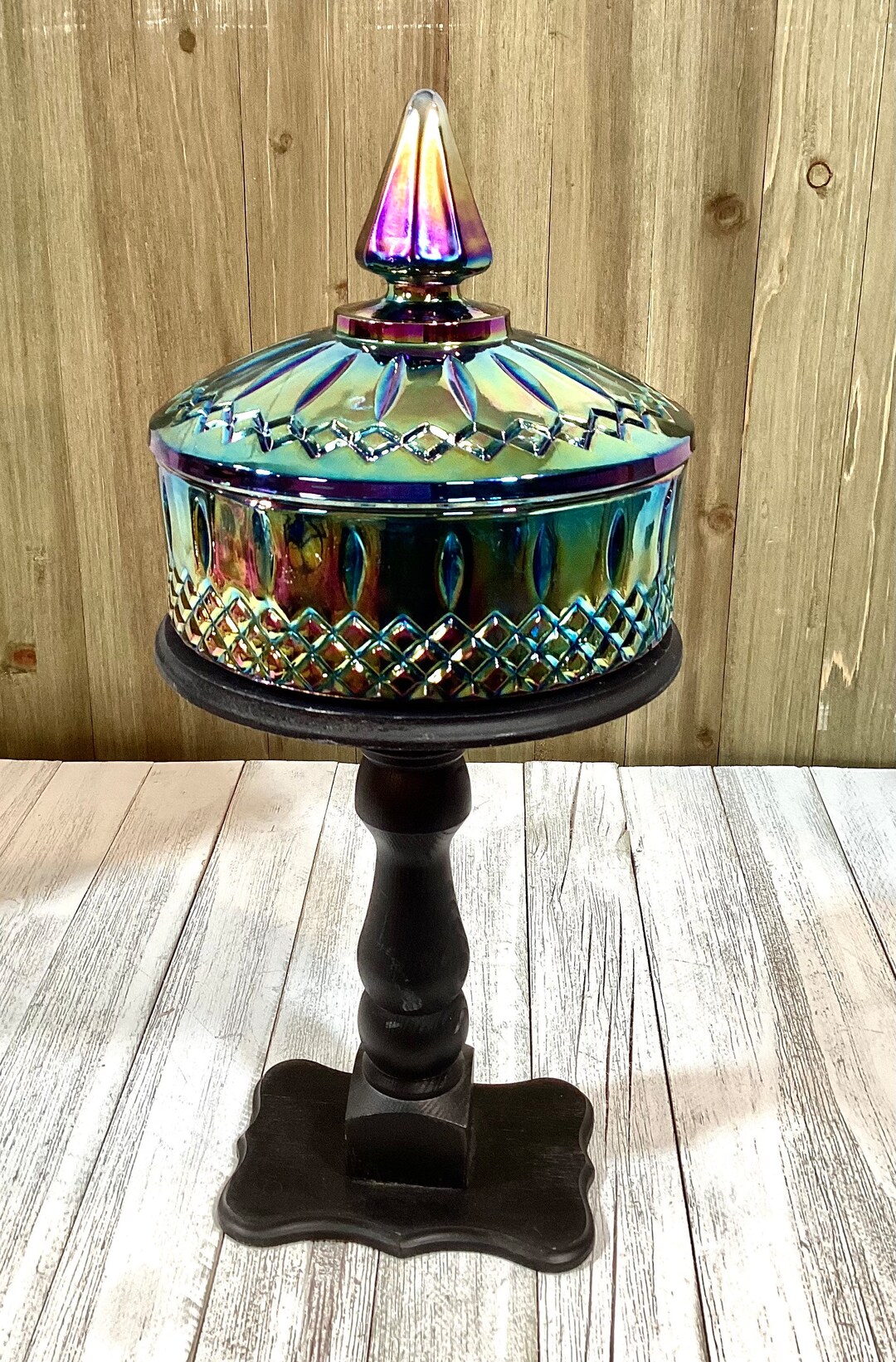 Vintage Blue Carnival Glass Indiana Glass Lidded Candy Dish Princess ...