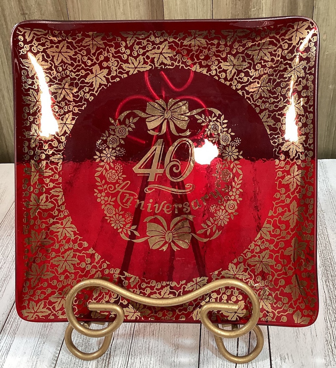 Beautiful Vintage Red Square Glass 40th Anniversary Plate Gold Floral ...