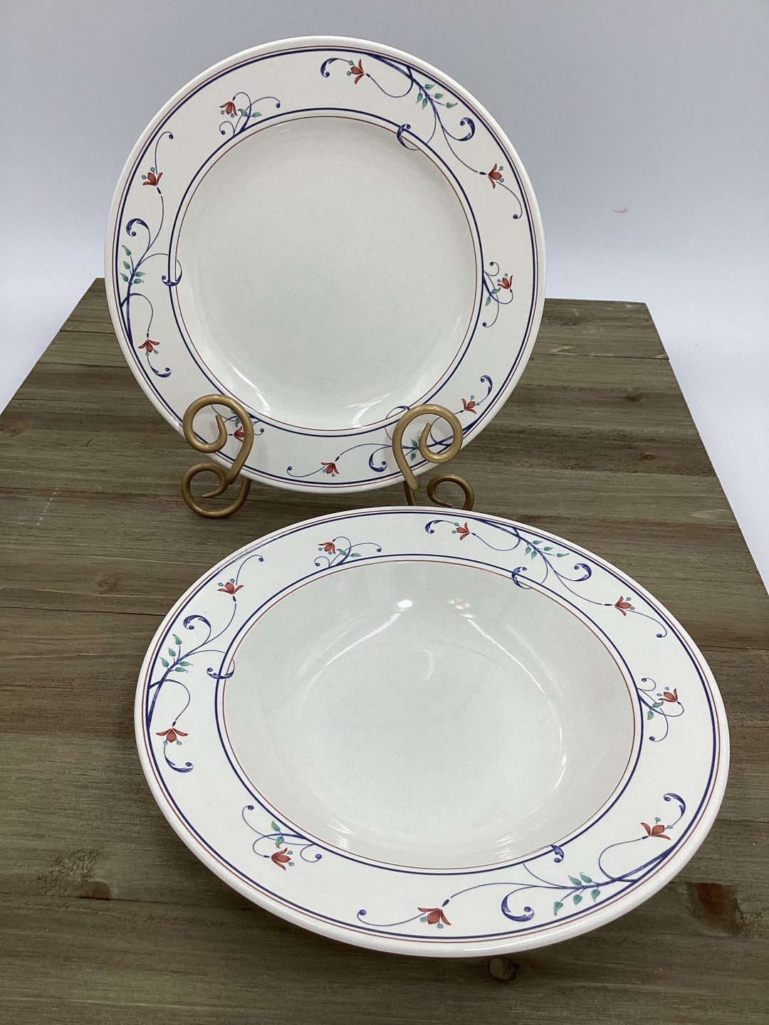 Mikasa Annette Salad Plate and Large Rim Soup Bowl Intaglio Red Flowers ...