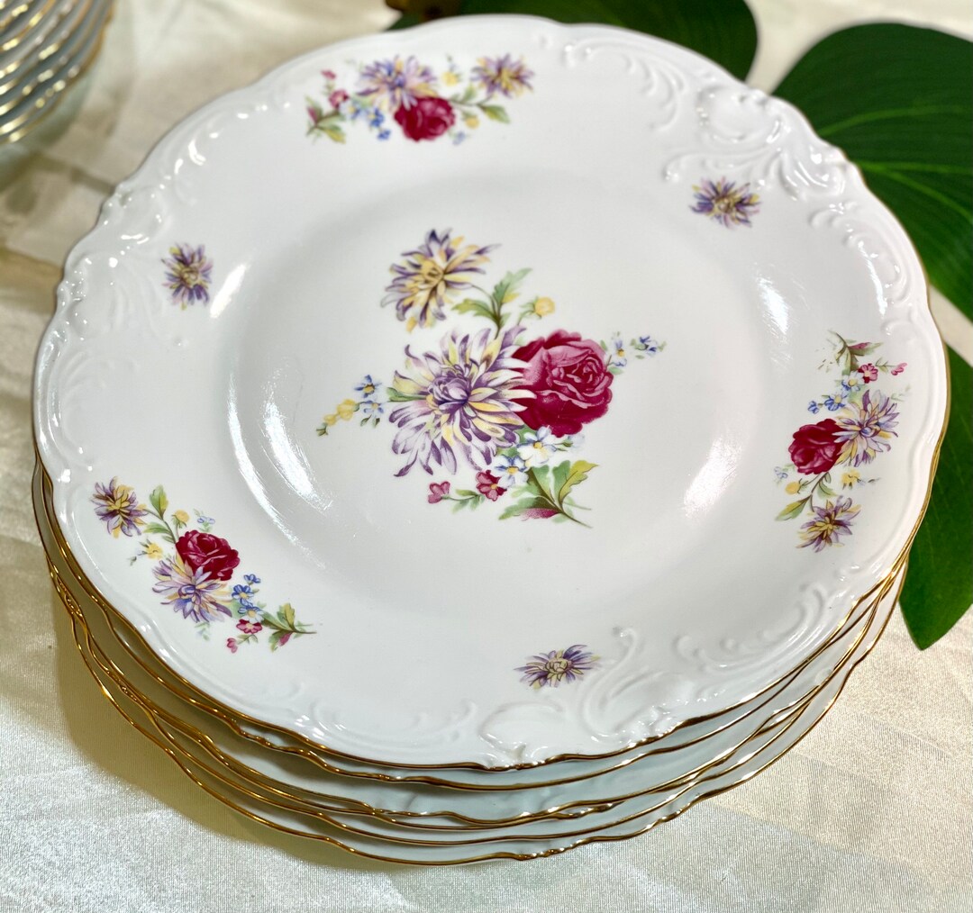 Vintage Rose Crest Dinner Plates, Set of 6, Floral Gold Trim (F-3) - Etsy