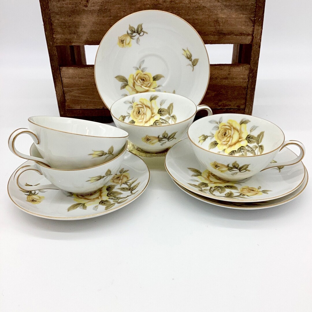 Set of 4 Yellow Rose Teacup Saucer Harmony House China Elegant ...