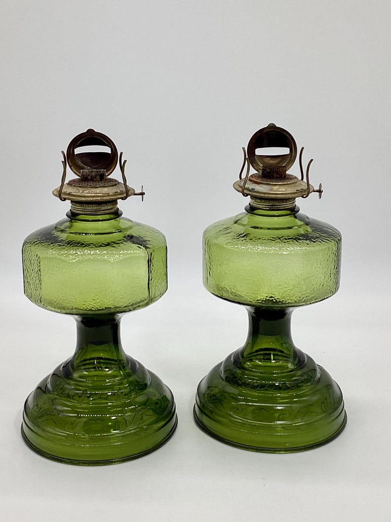 Pair 2 Emerald Green Oil Lamps ; Vintage Oil Lamps; Rare Green Kerosene ...