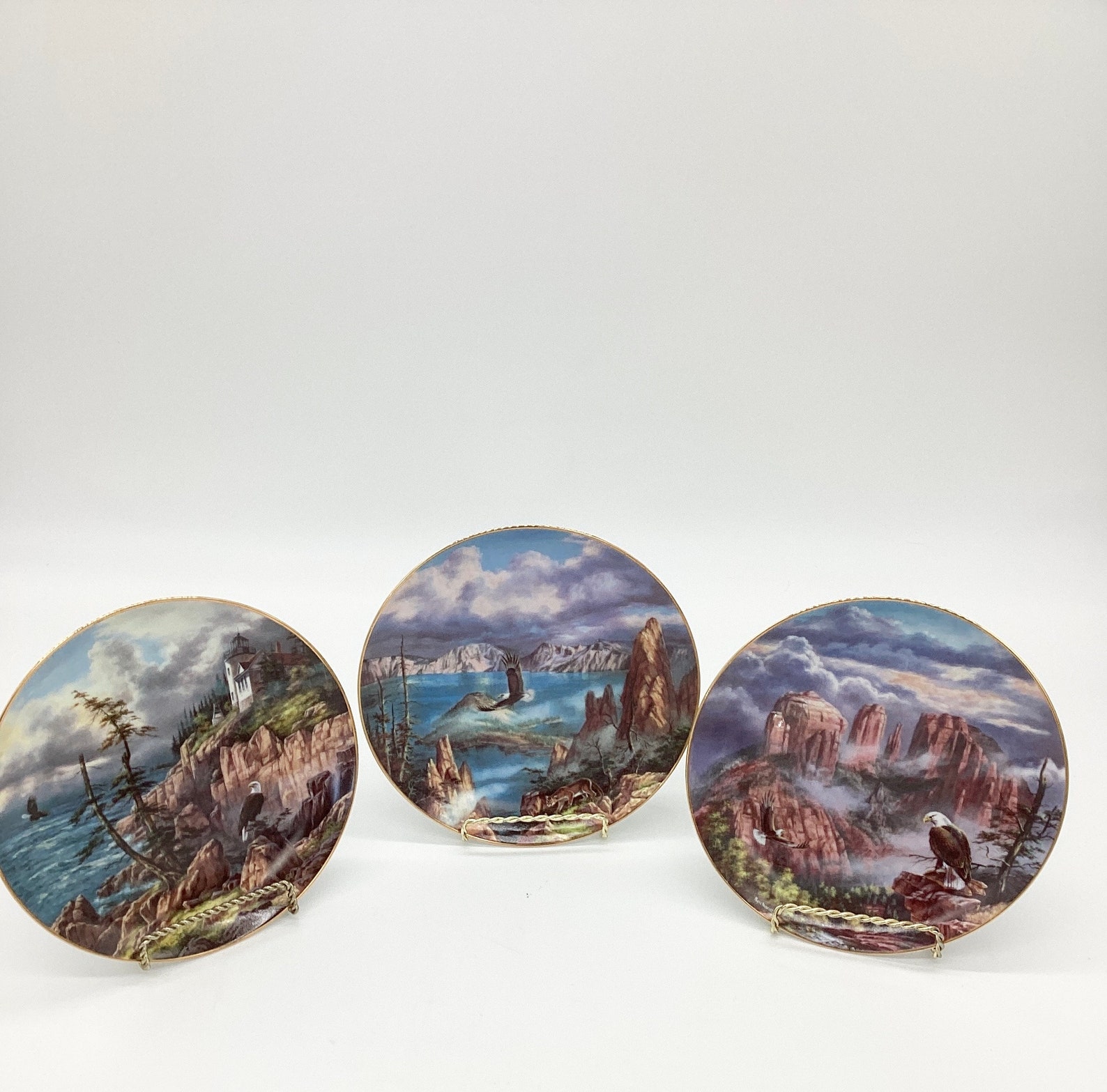 Eagle Decorative Plate Set (3), Patriotic Coastal & Mountain Scenes (O ...