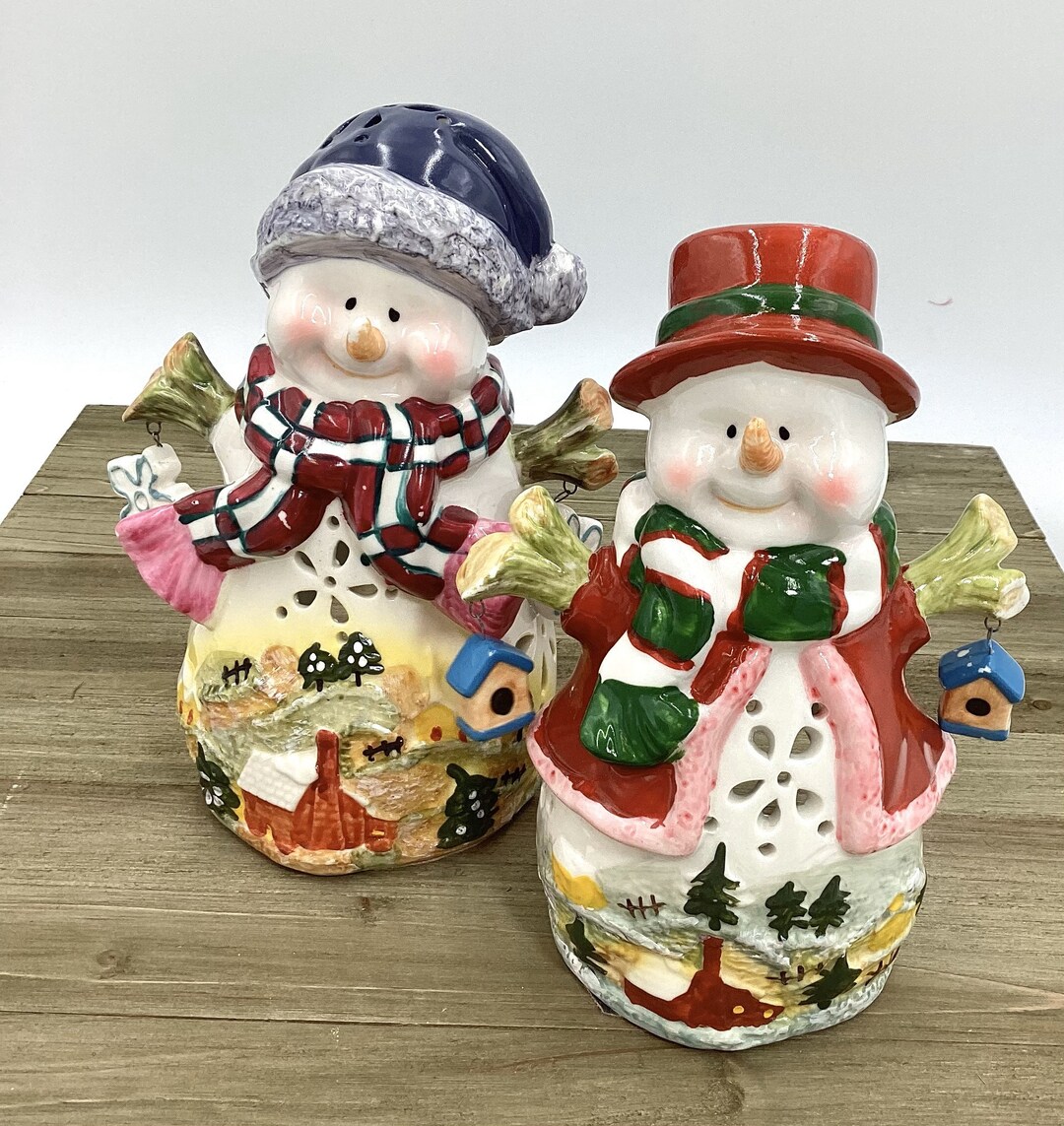 Hand Painted Snowmen Candle Holders, Christmas Holiday Decor (set of 2 ...