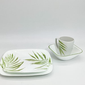 Corelle Bamboo Leaf Square White Dinner Plate Green Leaf Soup Bowl ...