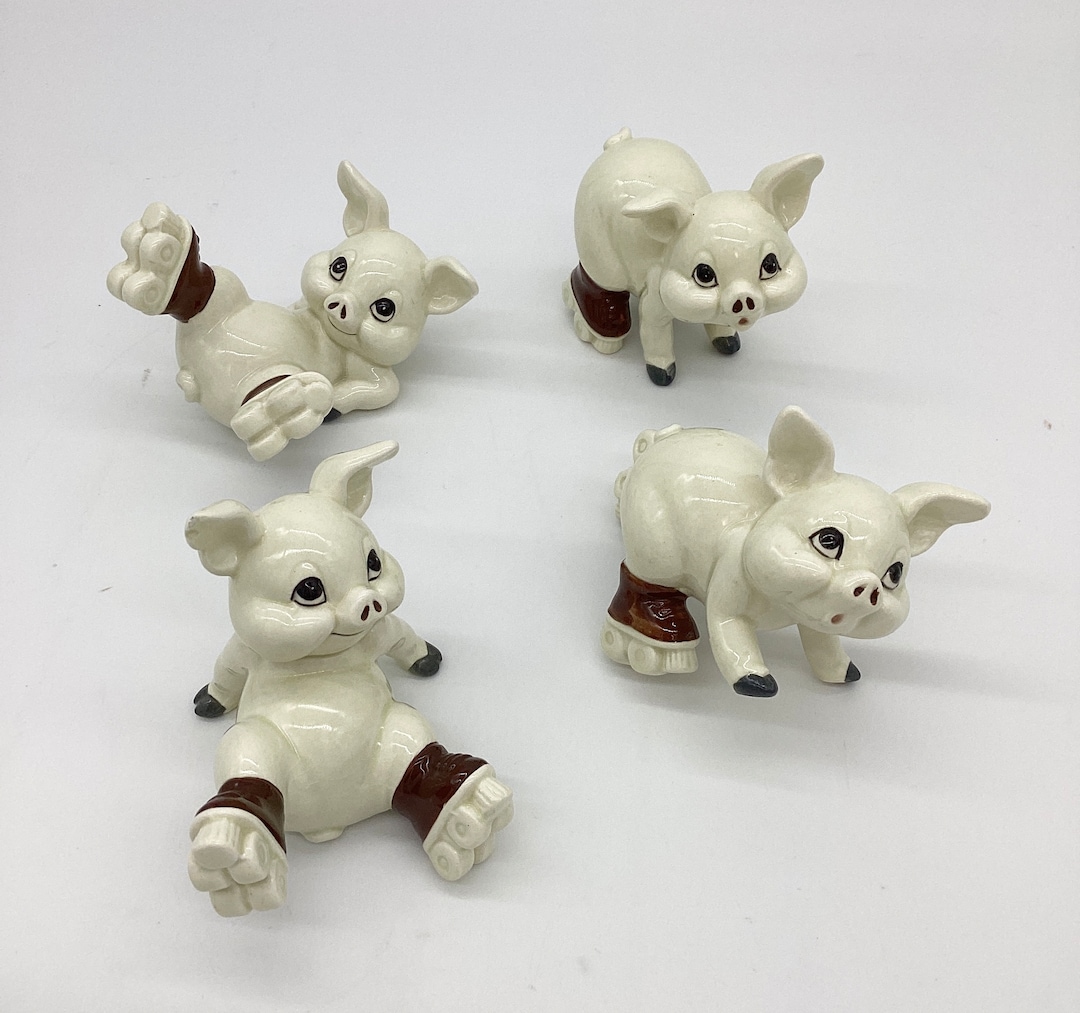 Set of 4 Ceramic Pig on Roller Skate Pig Figurine Gift Idea Pig Lover ...