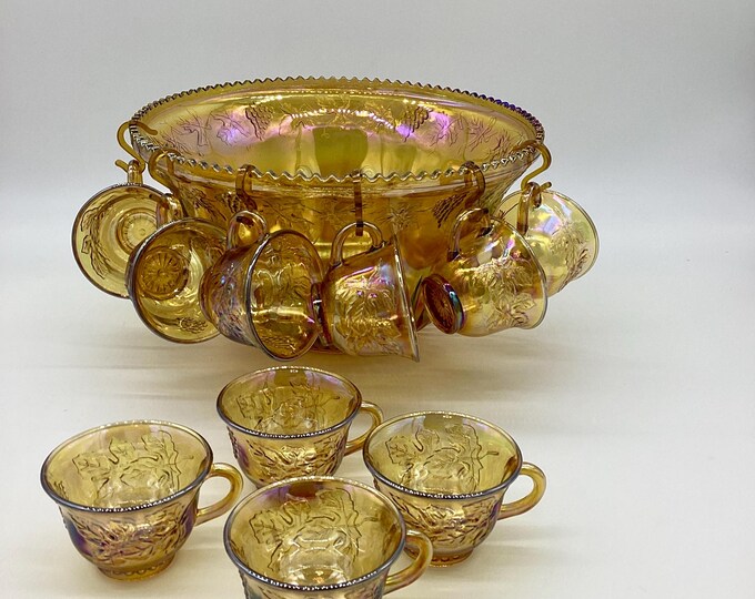 Orange Carnival Glass Punch Bowl Set Vintage Punch Bowl With Cups ...