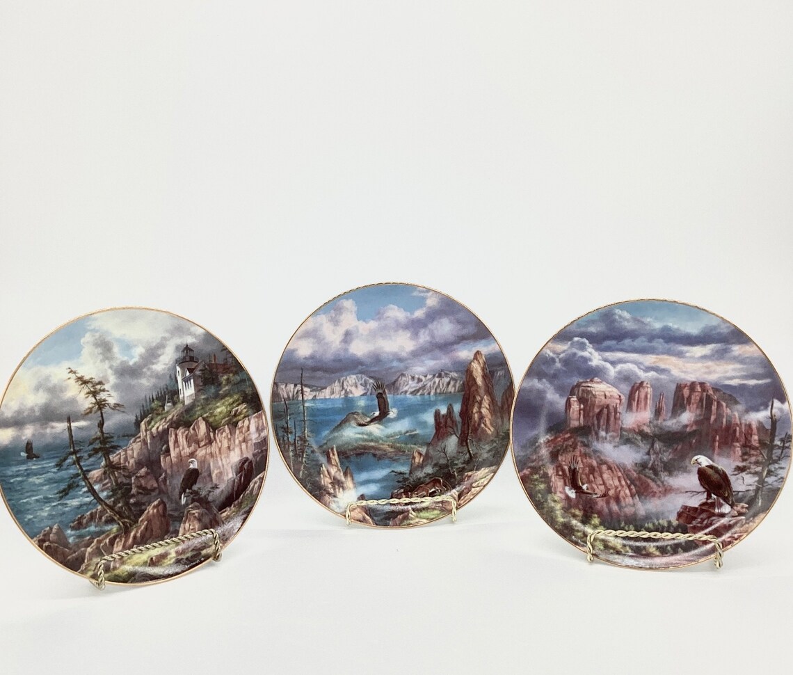 Eagle Decorative Plate Set (3), Patriotic Coastal & Mountain Scenes (O ...