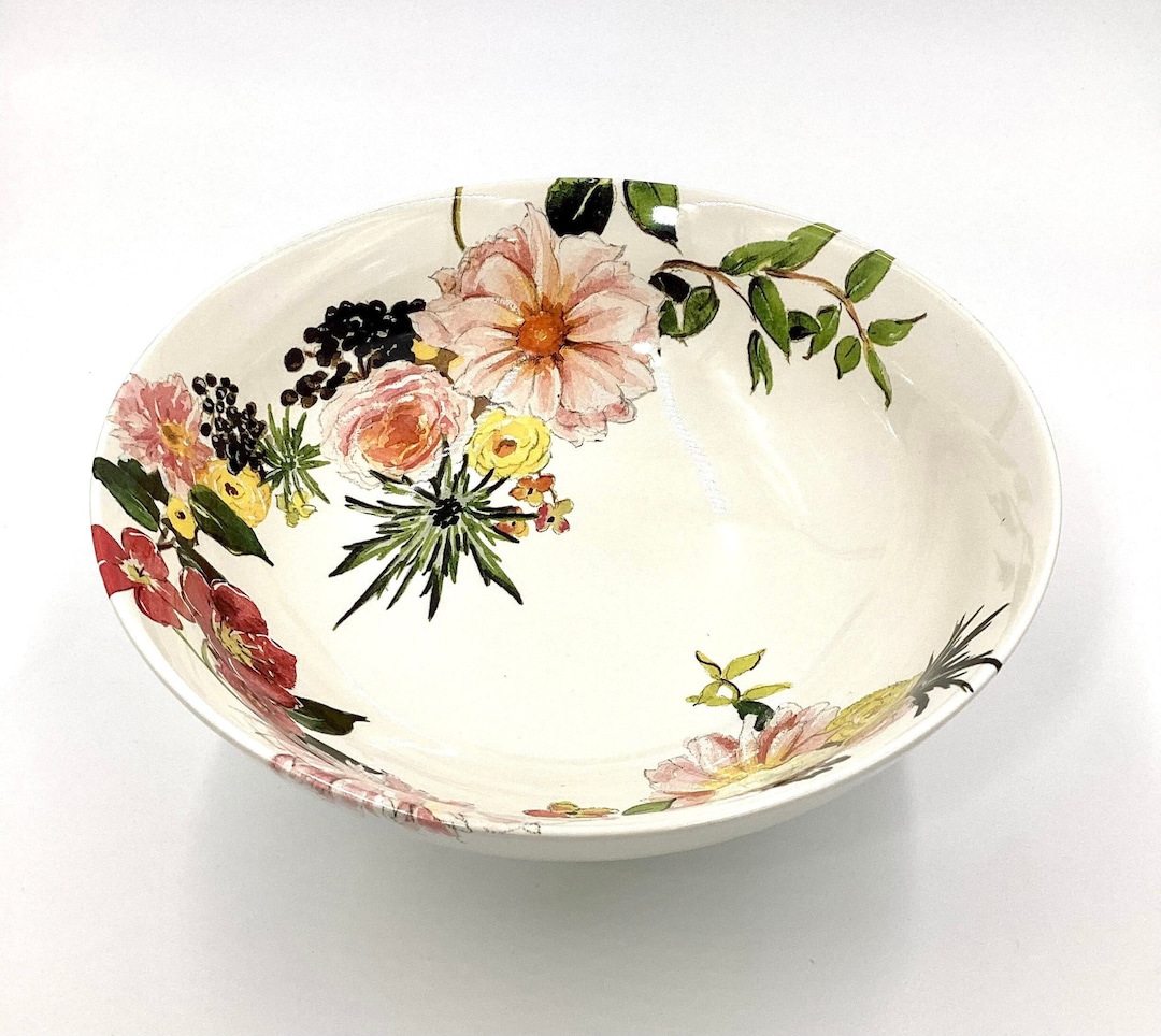 Serving Bowl With Flowers Pattern Bowl Spring Decor Hand Painted Gift ...