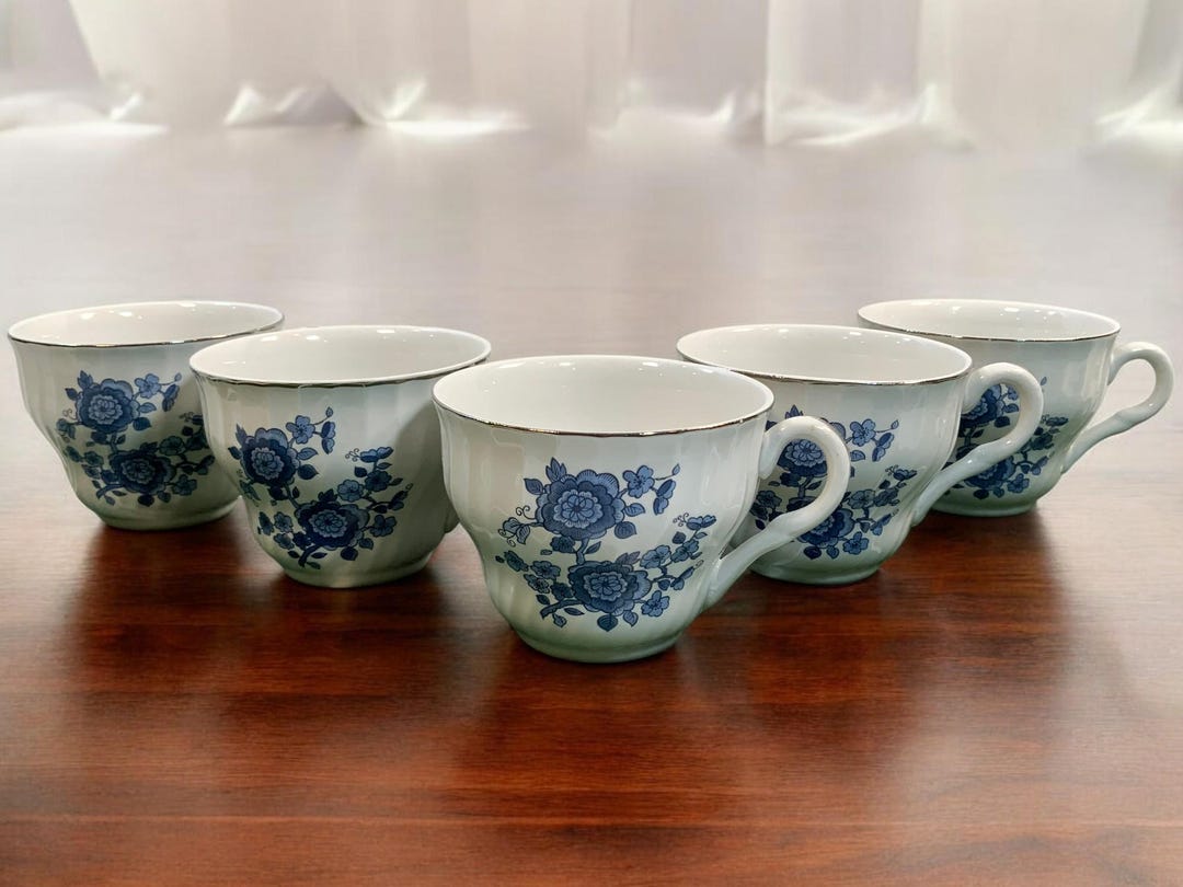 Wedgwood Royal Blue Ironstone Teacups, Set of 5, Floral Coffee Mugs (E ...