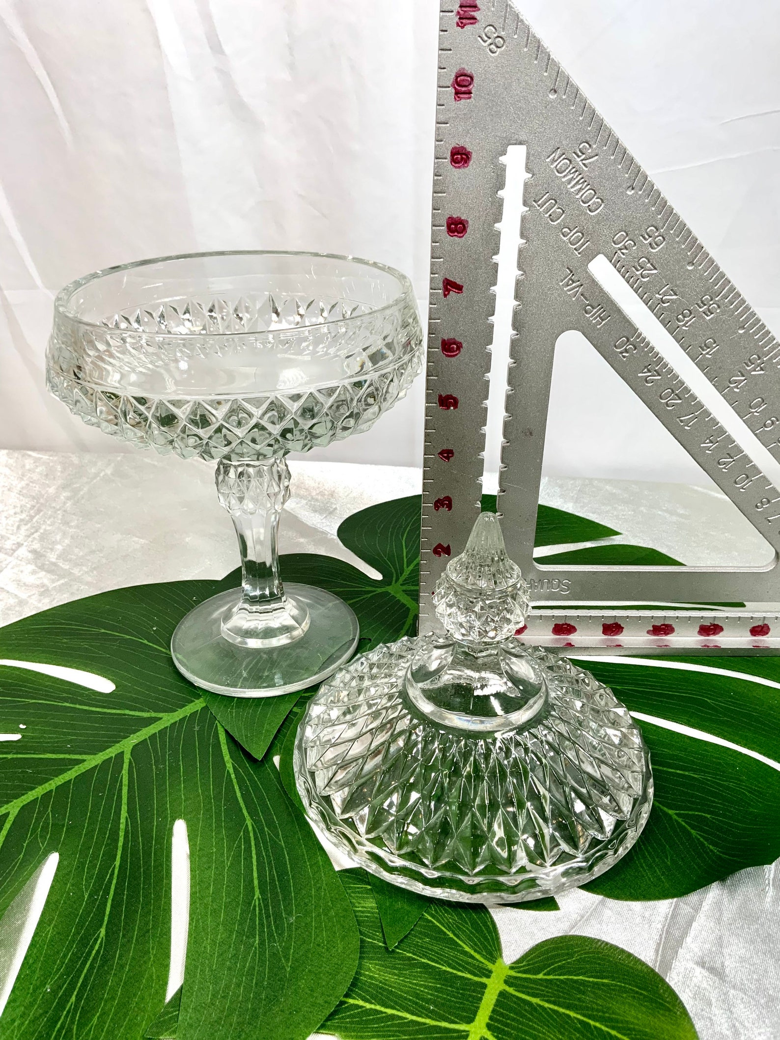 Diamond Cut Glass Pedestal Candy Dish With Lid, 11" Tall Compote (K4-8 ...