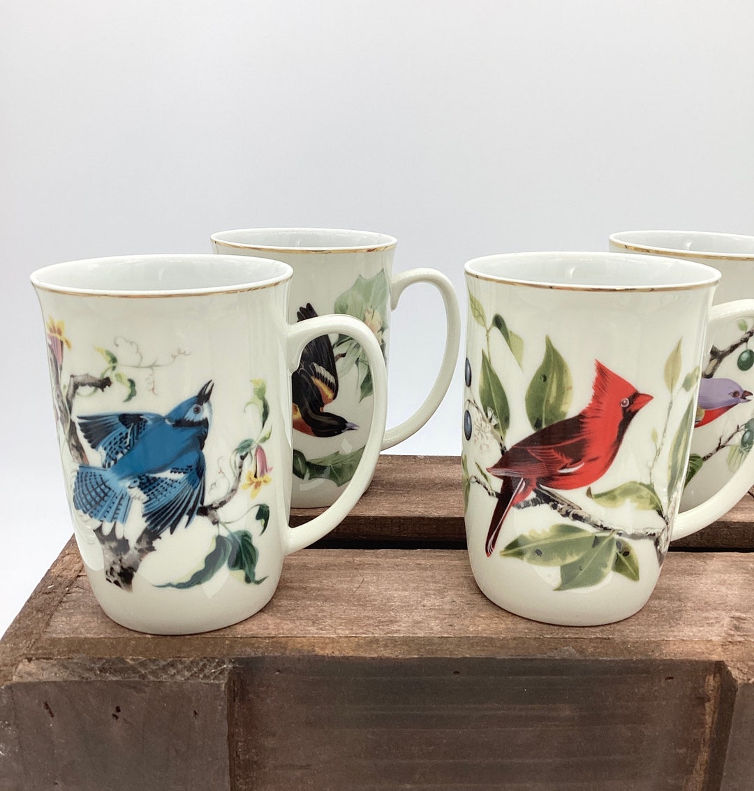 Set 4 Mugs Bird Christmas Red Cardinal Mugs Bird Lover Collectors Mug ...