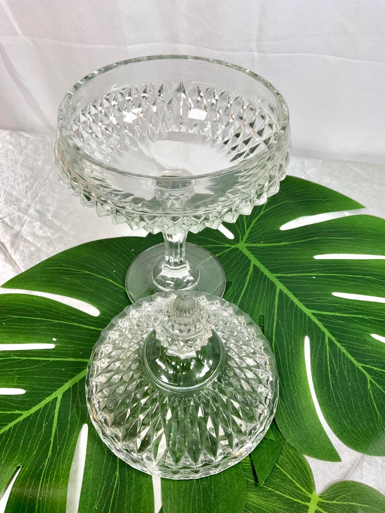 Diamond Cut Glass Pedestal Candy Dish With Lid, 11" Tall Compote (K4-8 ...