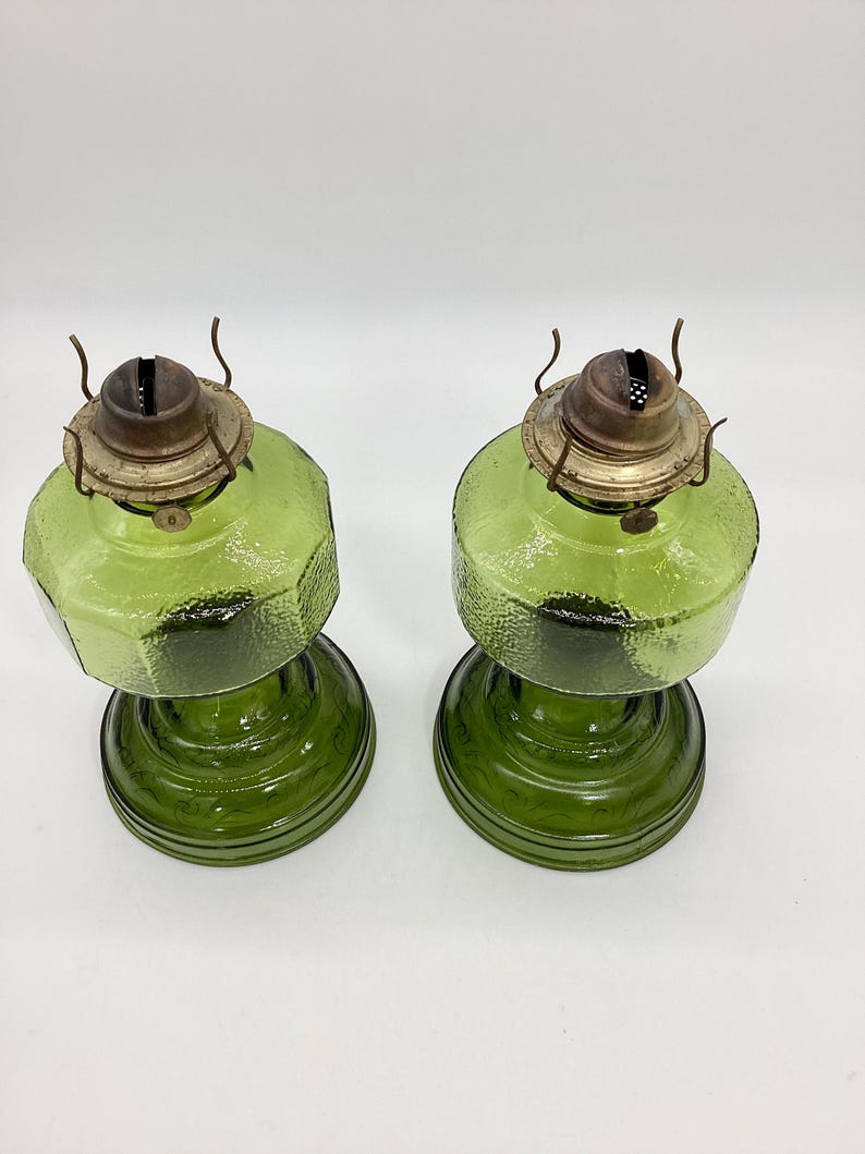Pair 2 Emerald Green Oil Lamps ; Vintage Oil Lamps; Rare Green Kerosene ...