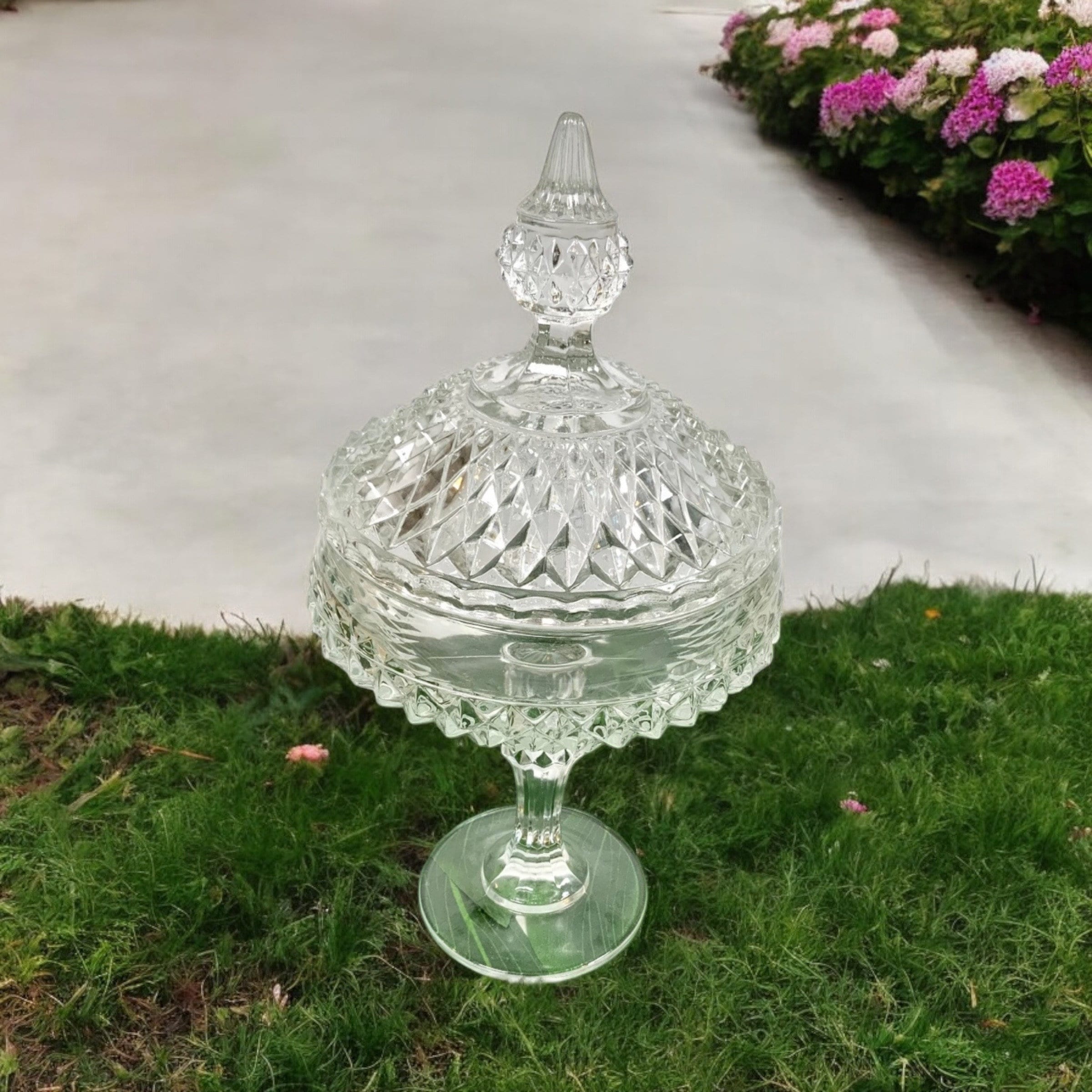 Diamond Cut Glass Pedestal Candy Dish With Lid, 11" Tall Compote (K4-8 ...
